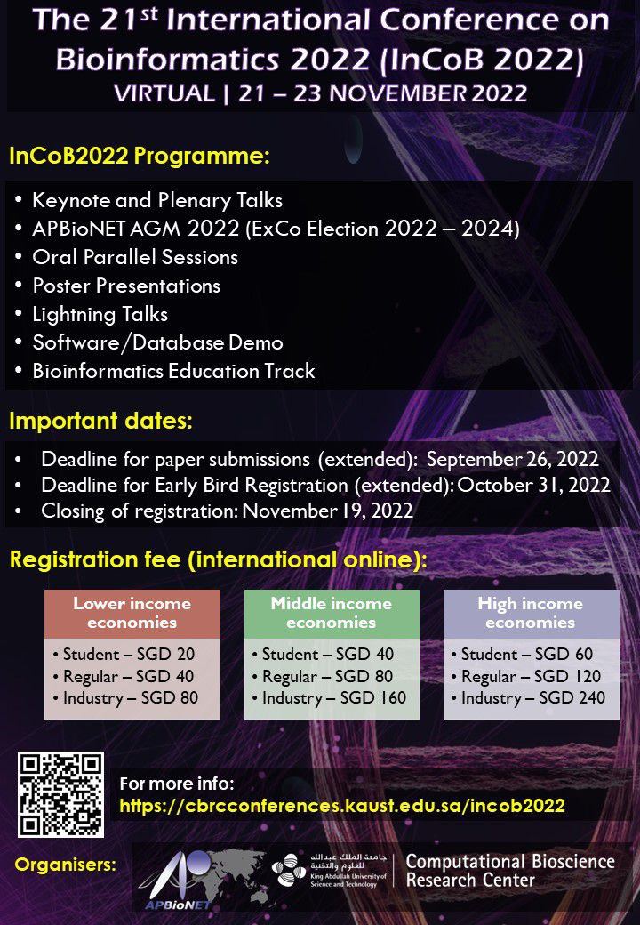 国際会議 InCoB2022 参加へのお誘い | Japanese Society for Bioinformatics - JSBi